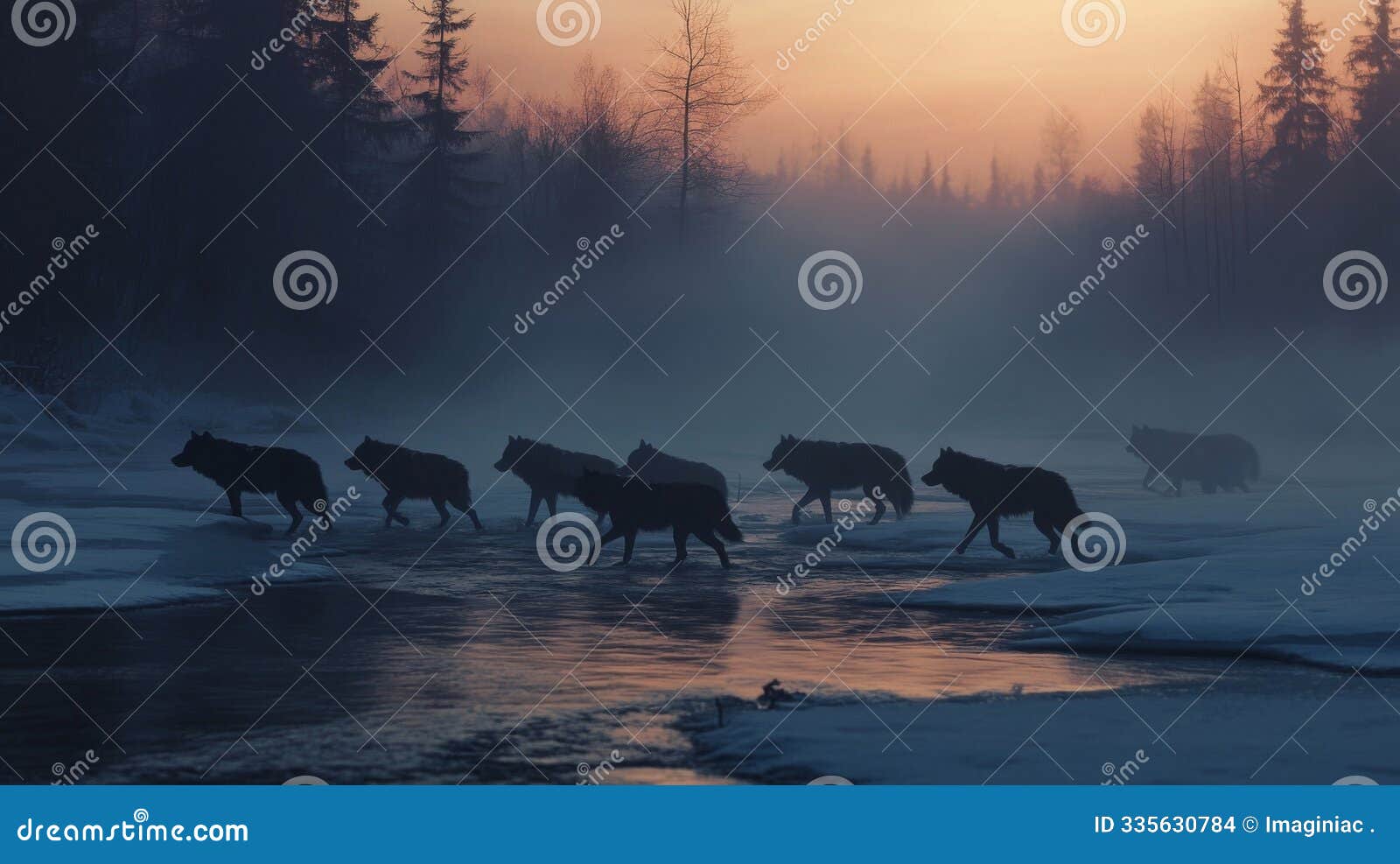 A Pack of Wolves Walking through a Misty Forest at Sunset Stock ...