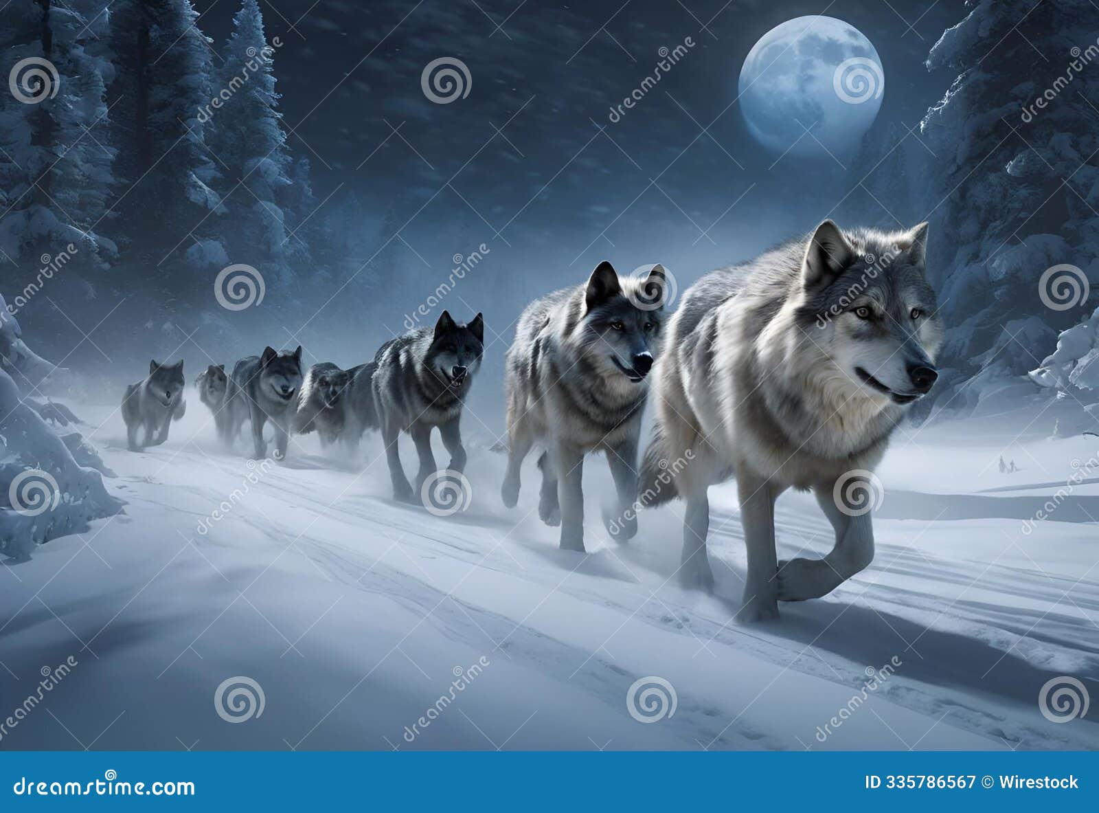 Pack of Wolves Walking through a Snowy Forest Under a Full Moon at ...