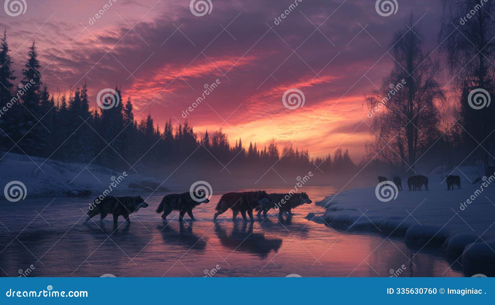 A Pack of Wolves Walking through a Snowy River at Sunset Stock ...