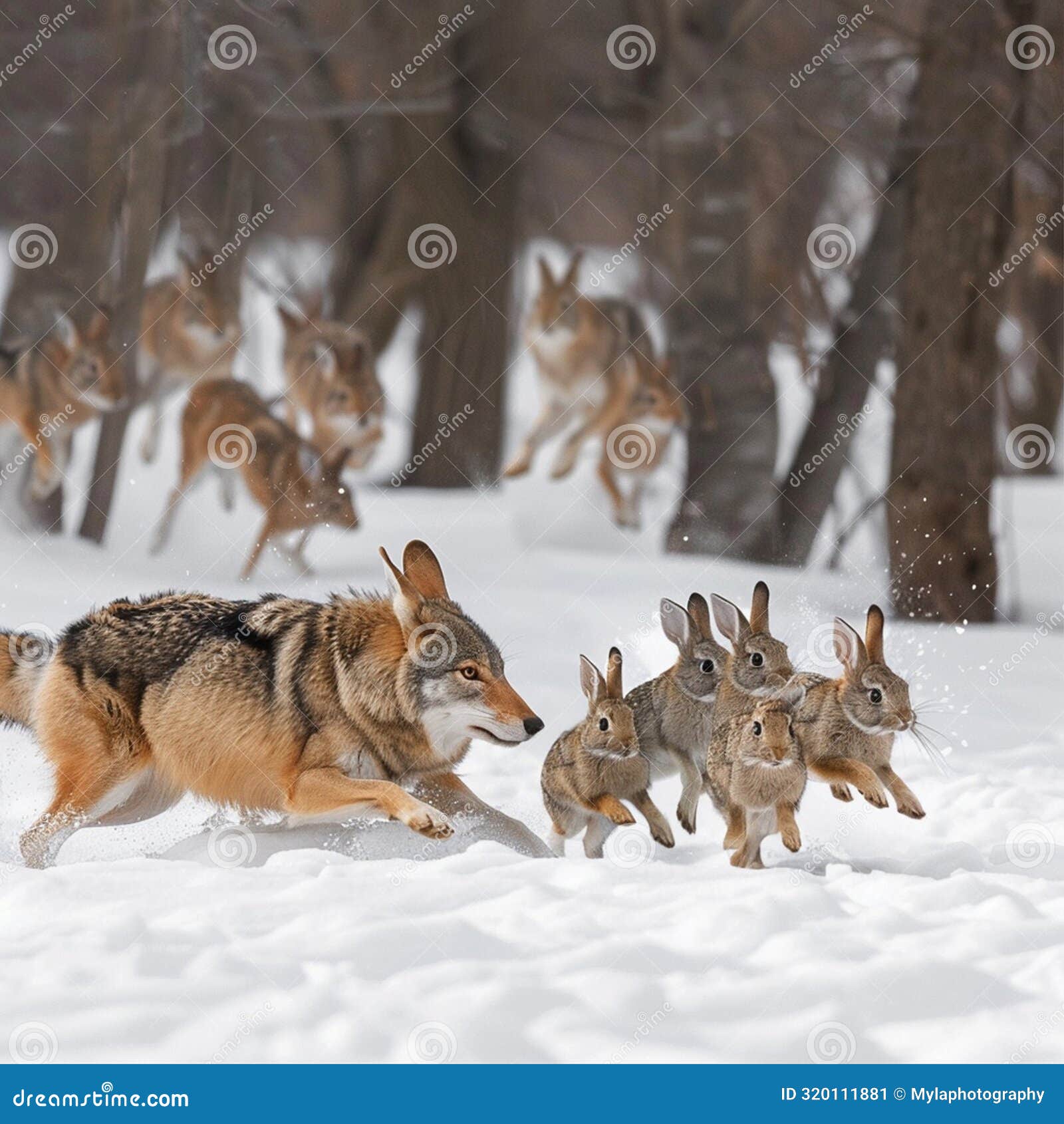 Pack of Wolves in the Winter Forest, Attacking Giant Rabbit Stock ...