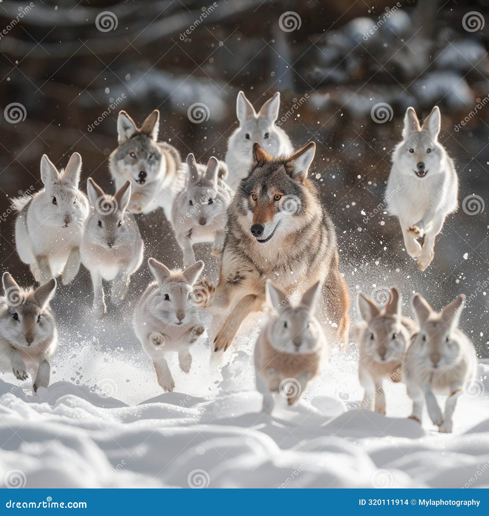 Pack of Wolves in the Winter Forest, Attacking Giant Rabbit Stock ...