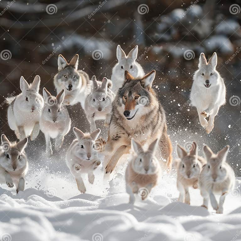 Pack of Wolves in the Winter Forest, Attacking Giant Rabbit Stock ...