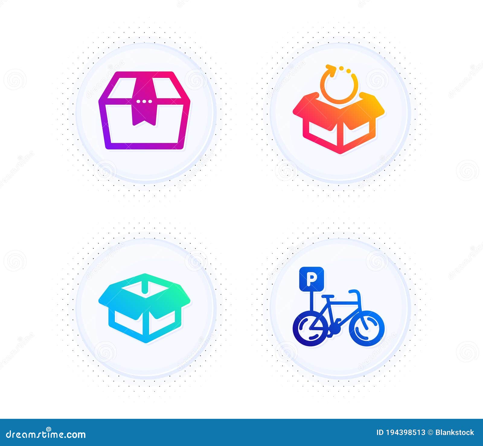 Package, Bicycle Parking And Truck Parking Icons. Delivery Pack, Bike ...