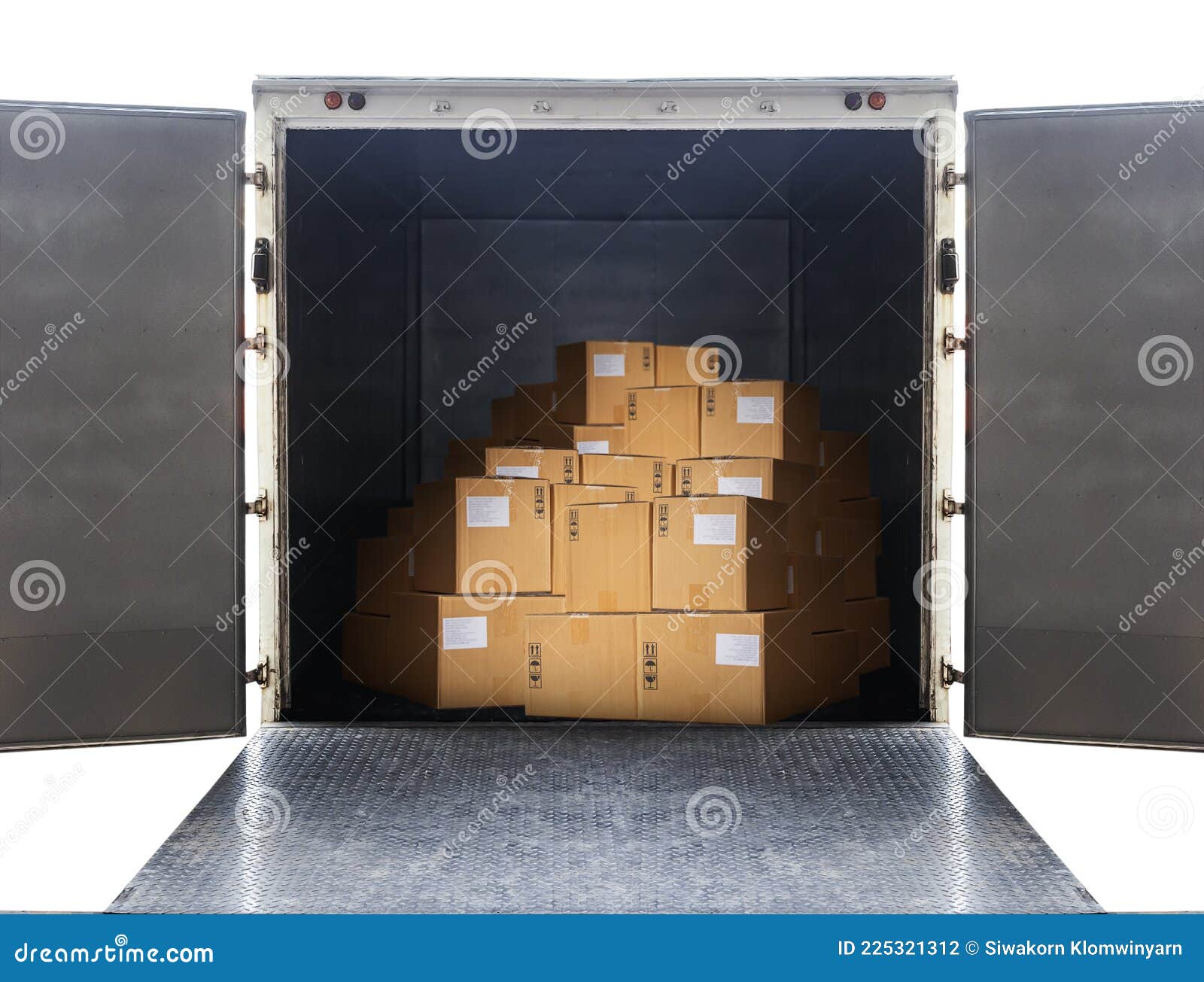 Package Boxes Load with Cargo Container Truck. Delivery, Shipment Boxes ...