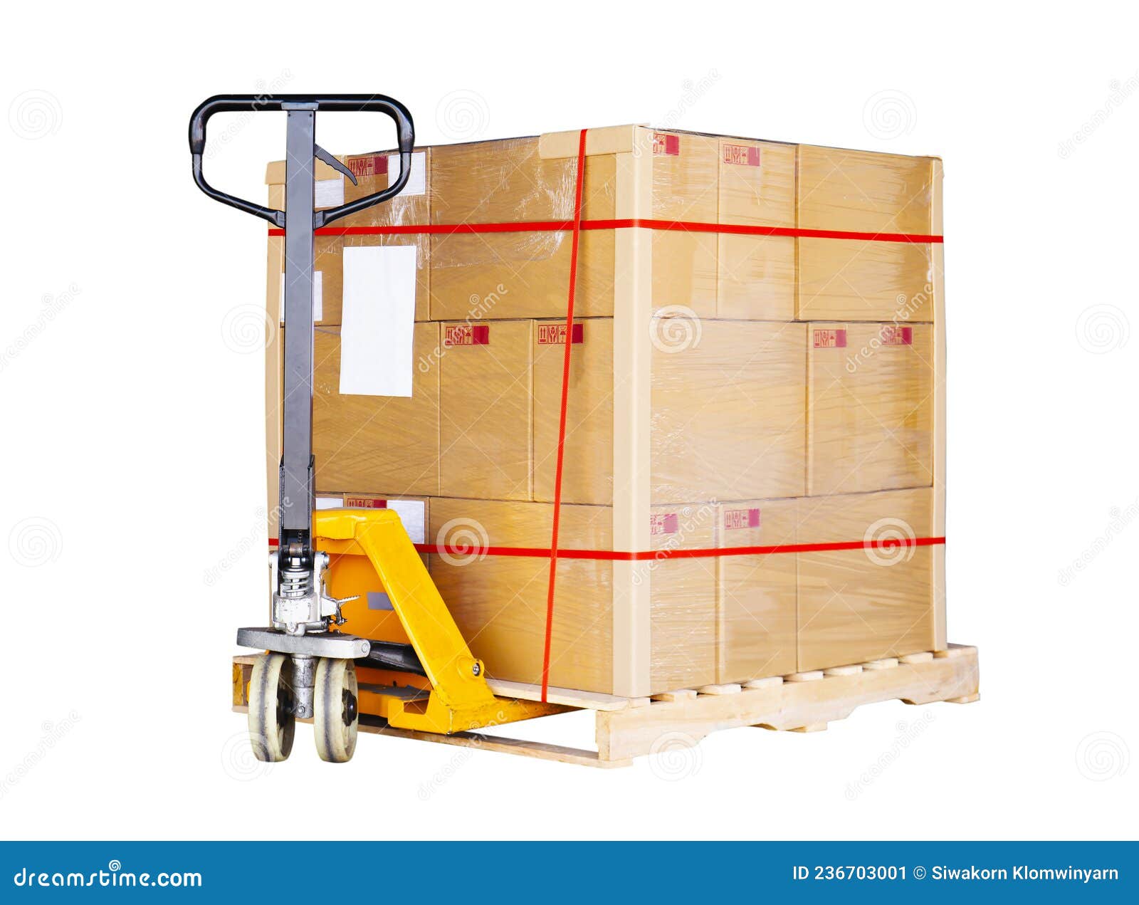 Package Boxes on Pallet with Hand Pallet Jack Isolated on White ...
