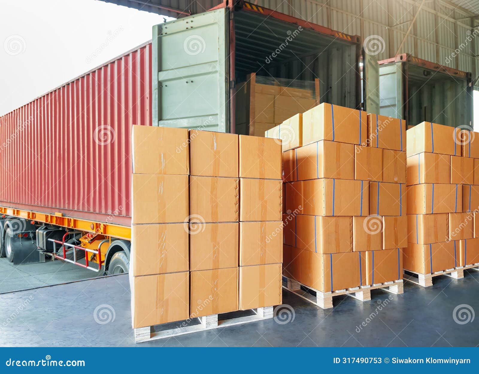 Package Boxes Stack on Pallets Loading into Container Truck ...