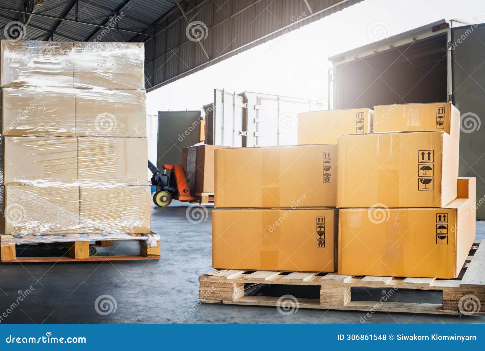 Package Boxes Stack on Wooden Pallets Loading into Container Trucks ...
