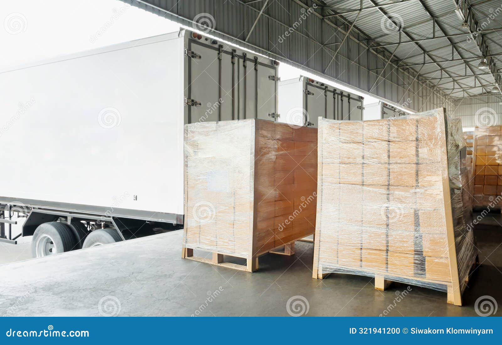 Package Boxes Wrapped Plastic on Pallets Loading into Container ...
