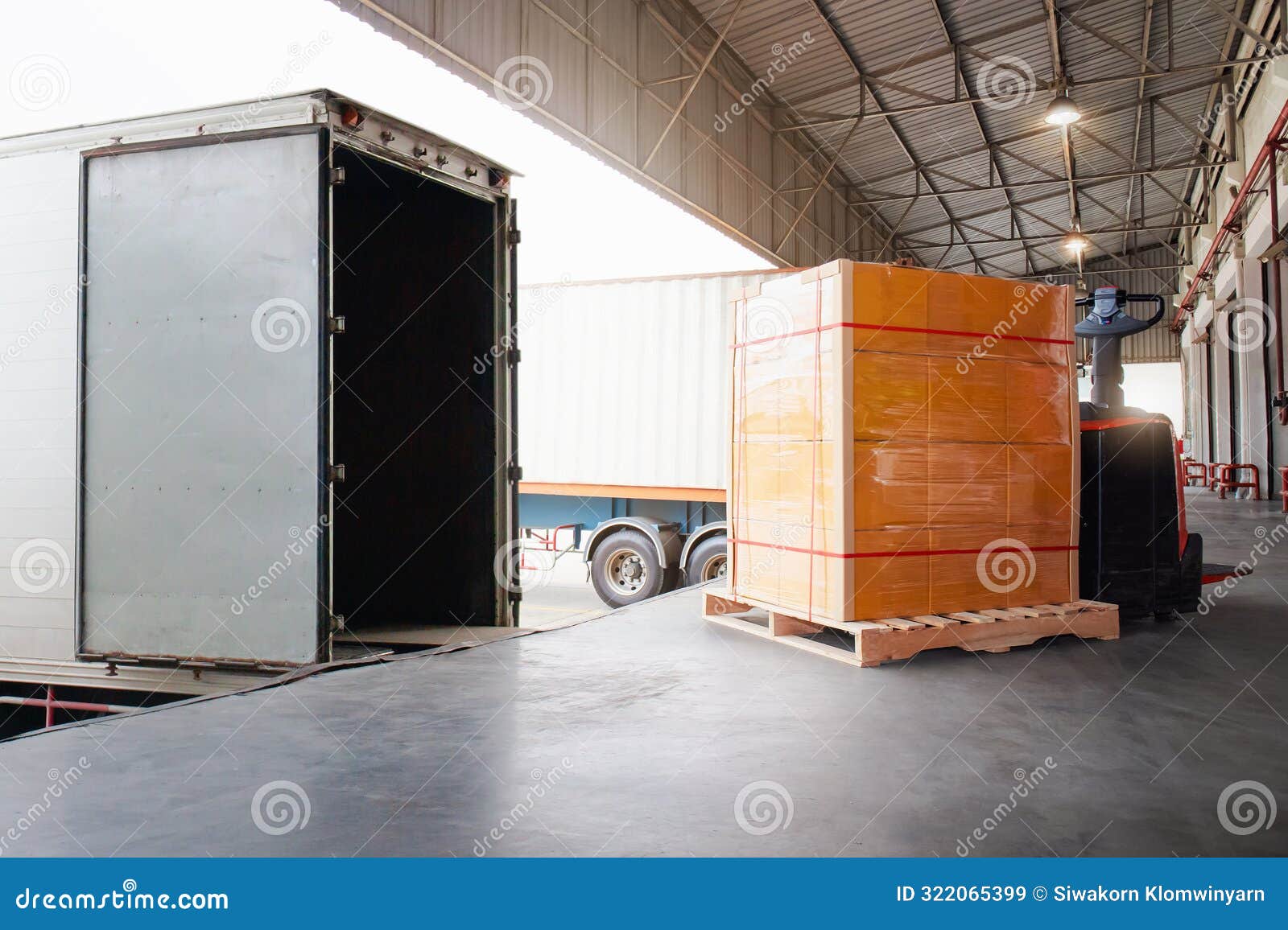 Package Boxes Wrapped Plastic on Pallets Loading into Container Truck ...