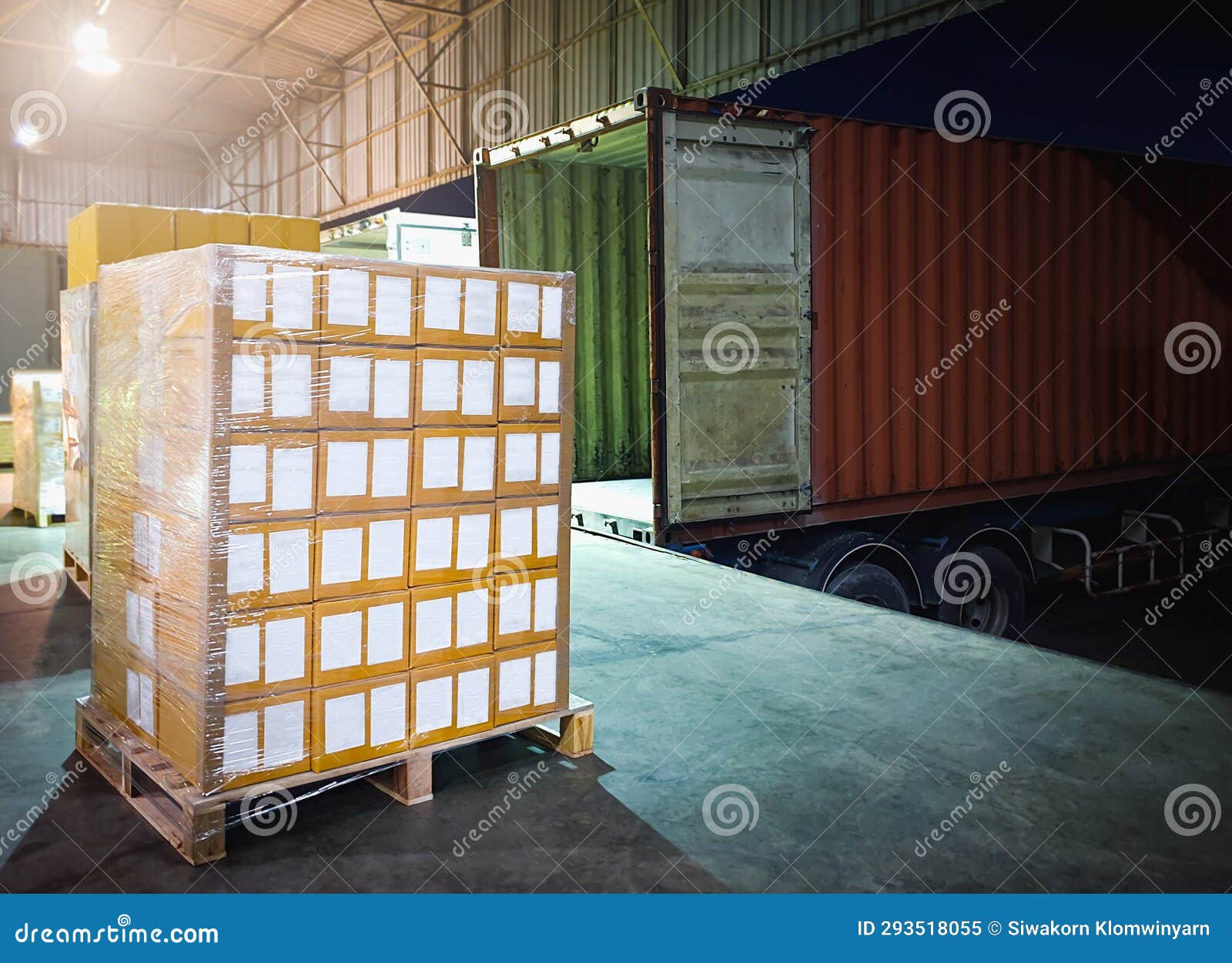 Package Boxes Wrapped Plastic Stacked on Pallets Load into Cargo ...