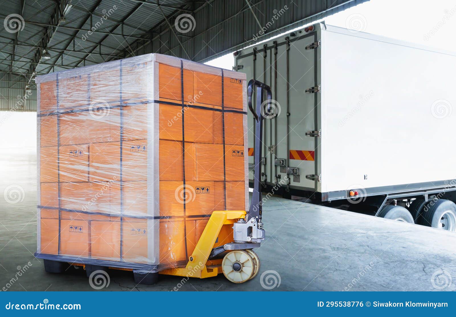 Package Boxes Wrapped Plastic Stacked on Pallets Load into Cargo ...