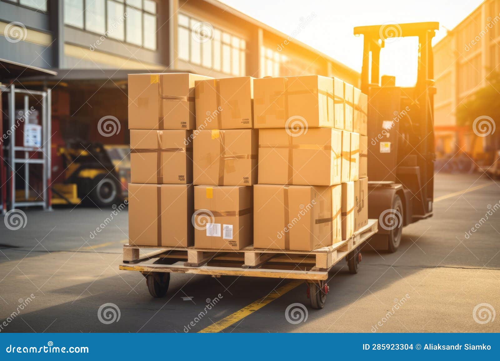 Package Boxes Wrapped Plastic Stacked on Pallets Load into Cargo ...