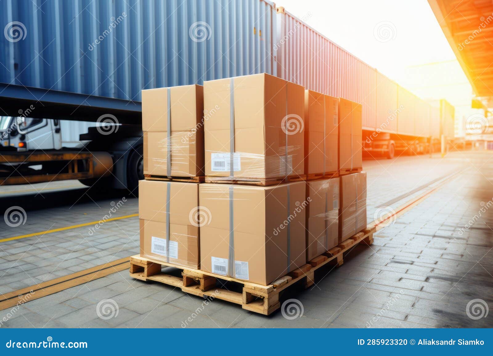 Package Boxes Wrapped Plastic Stacked on Pallets Load into Cargo ...
