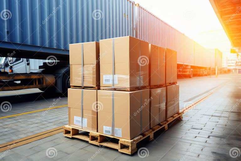 Package Boxes Wrapped Plastic Stacked on Pallets Load into Cargo ...