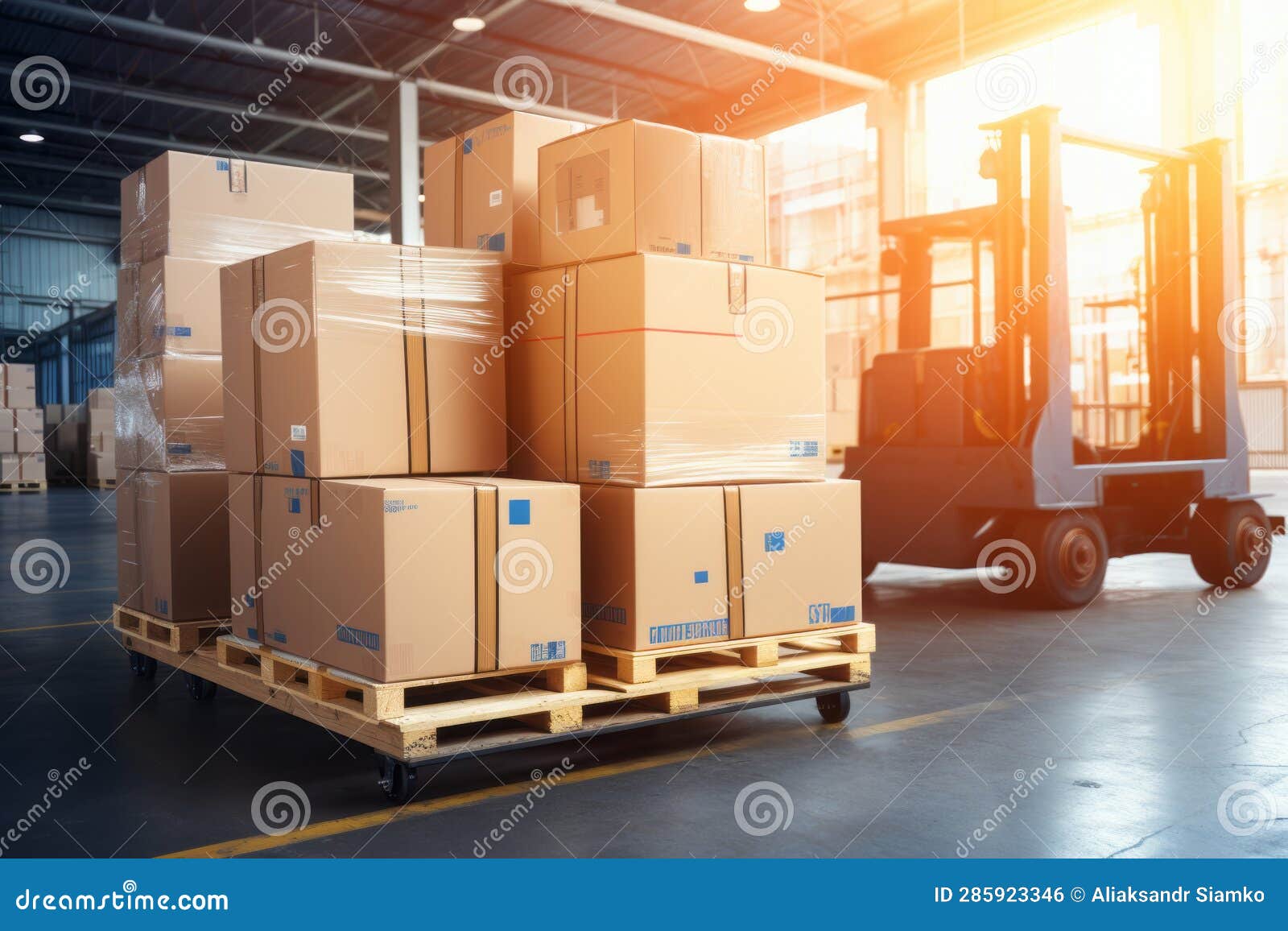 Package Boxes Wrapped Plastic Stacked on Pallets Load into Cargo ...