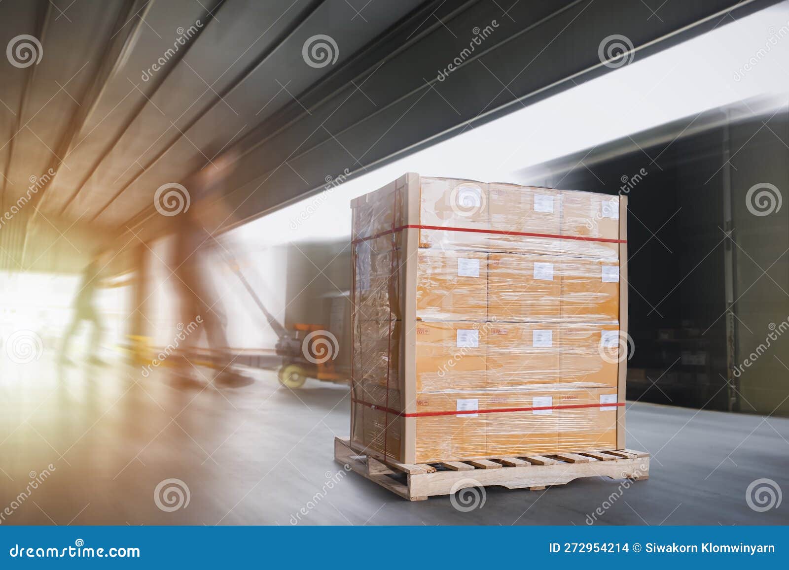 Package Boxes Wrapped Plastic Stacked on Pallets Loading into Cargo ...