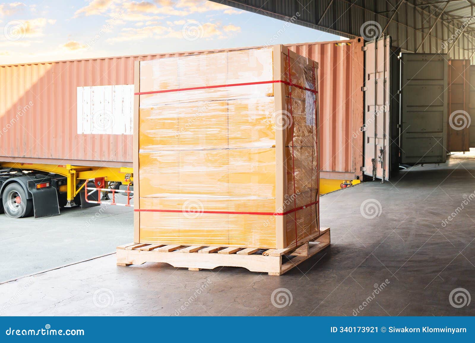 Package Boxes Wrapped Plastic Stacked on Pallets Loading into Container ...