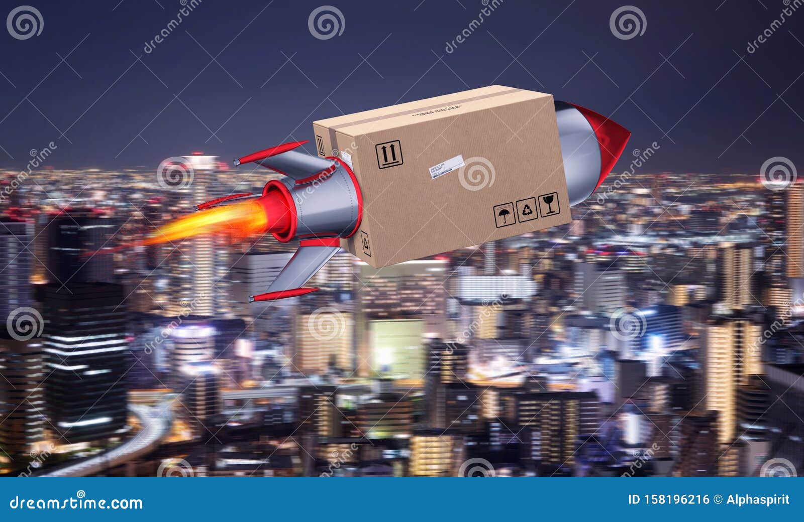 Fast Delivery of Package by Turbo Rocket. 3D Rendering. Fire, Freight ...
