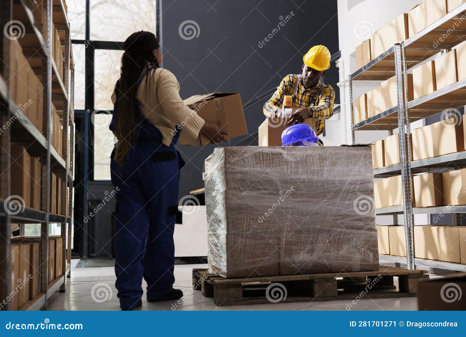 Package Handler Bringing Parcels To Warehouse Worker for Packing Stock ...