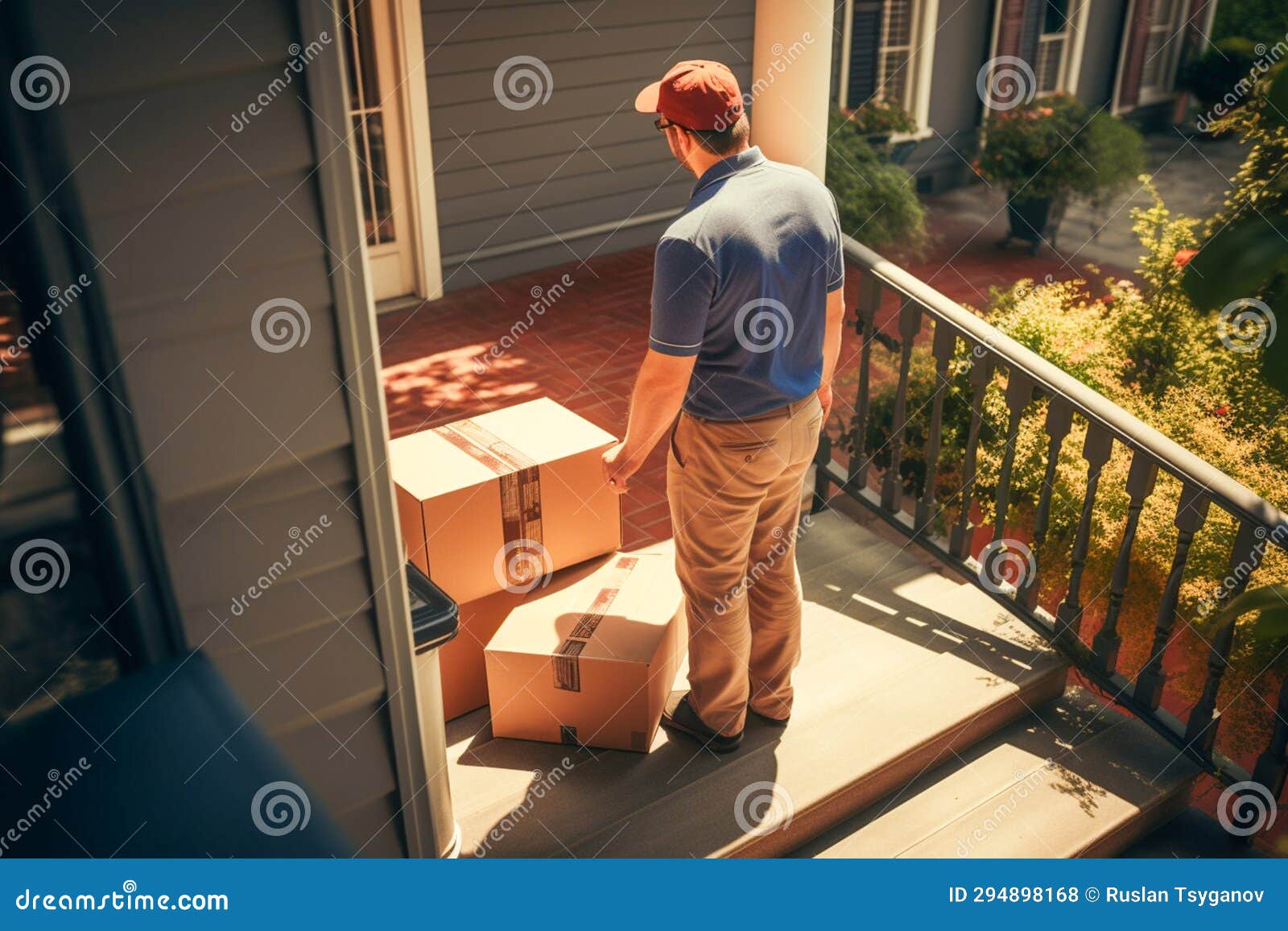 Package from the Postman at the Front Door of the House. Postman Leaves ...