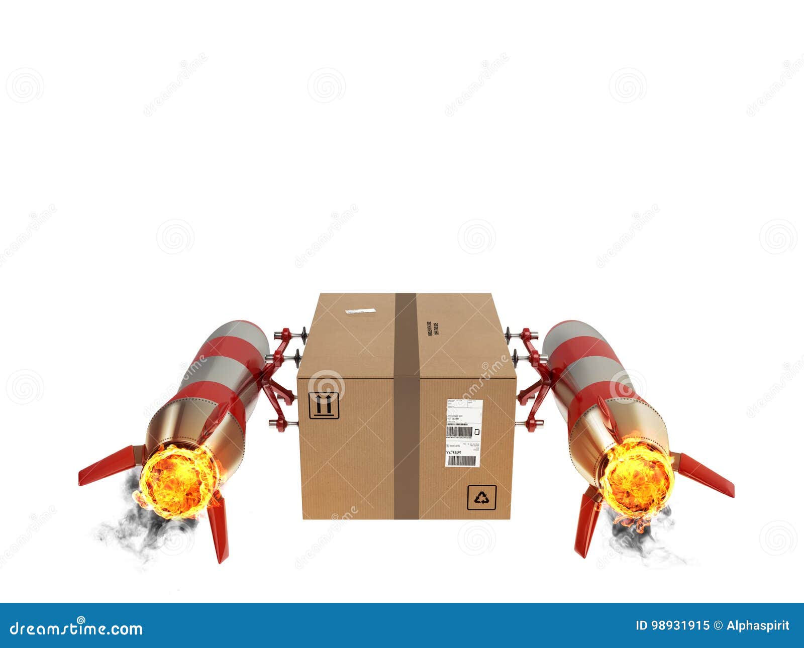 Fast Delivery of Package by Turbo Rocket. 3D Rendering Stock ...
