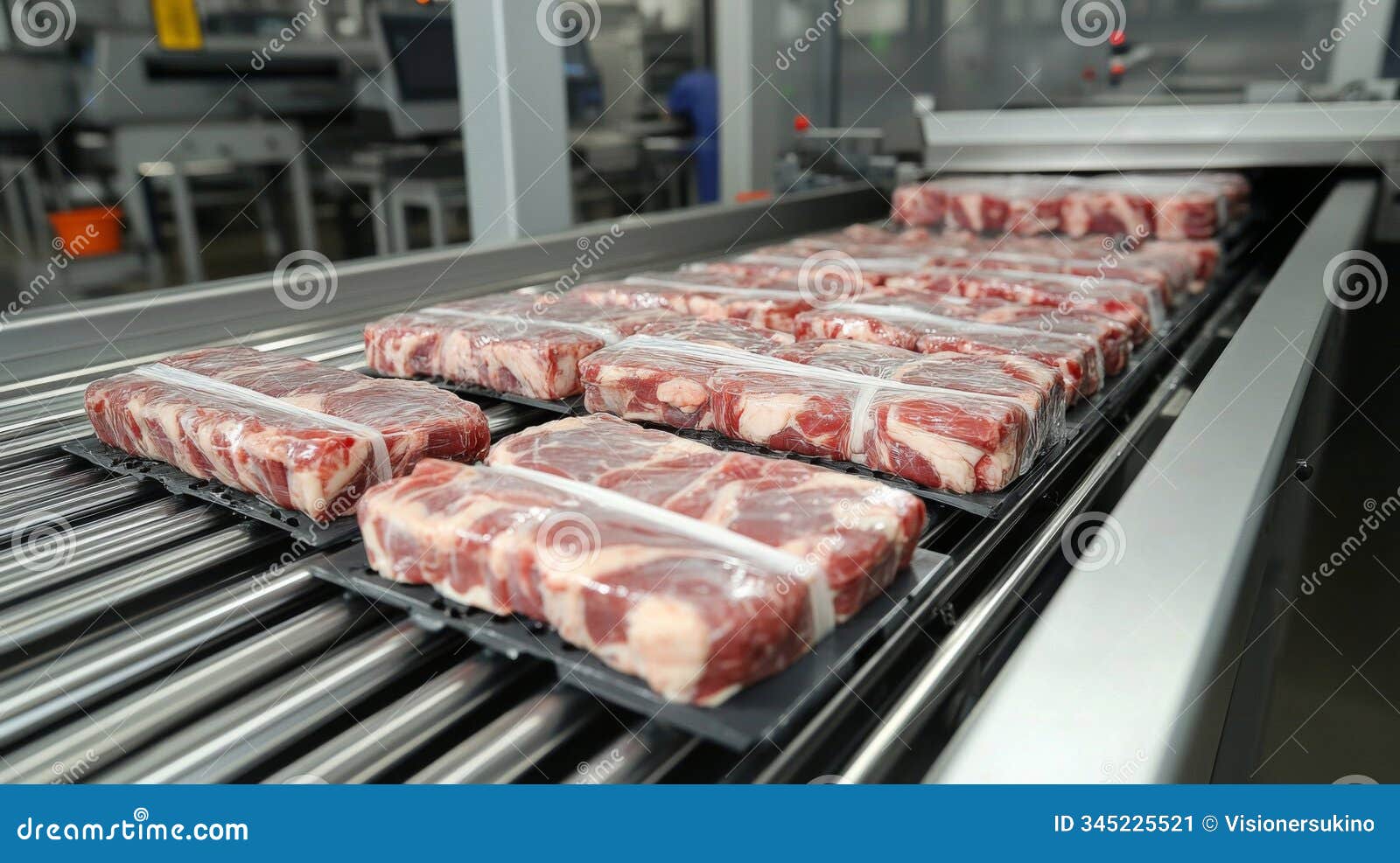 Packaged Beef Steaks Conveying on a Factory Production Line Stock Image ...