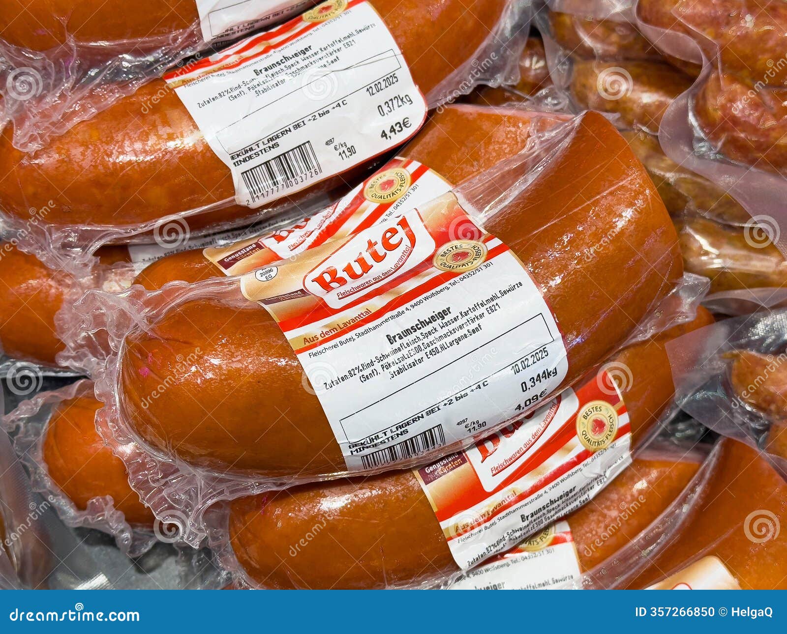 Packaged Bratwurst Sausages with Labels in Butcher Shop Display ...