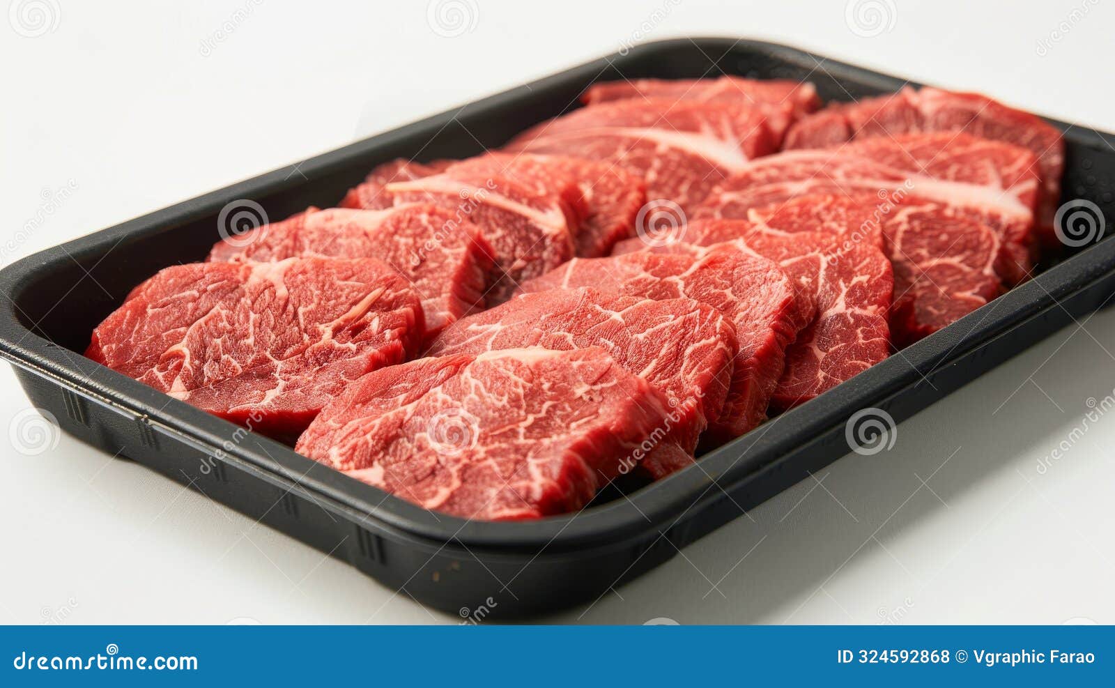 Packaged Fresh Raw Beef Steaks in Black Plastic Tray on White ...