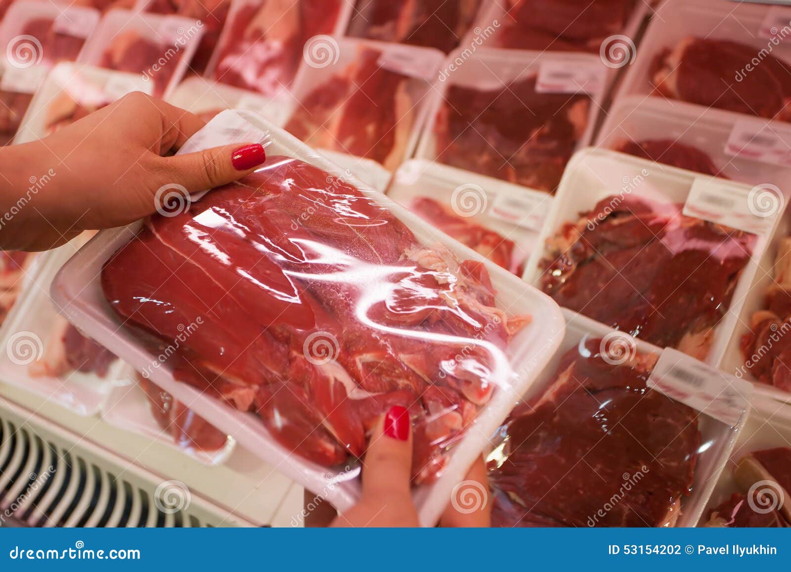 Packaged Meat with Woman Hand in the Supermarket Stock Photo - Image of ...