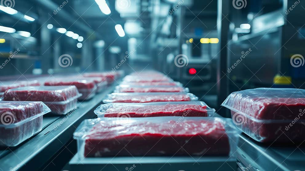 Packaged Raw Meat on a Conveyor Belt in a Food Processing Facility ...