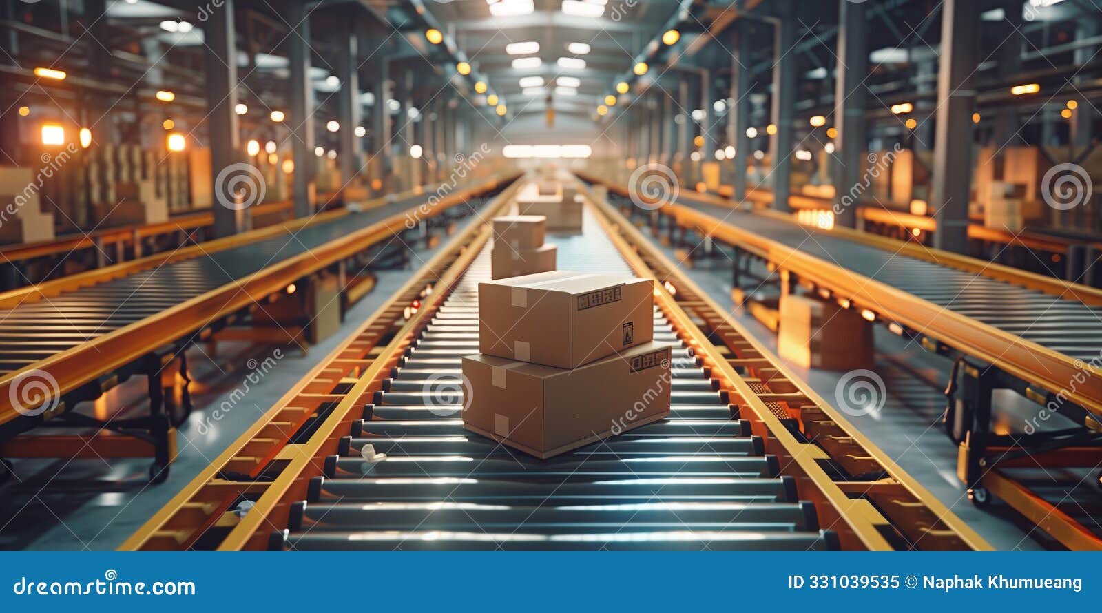 Packages Move Efficiently on a Conveyor Belt System within a Modern ...