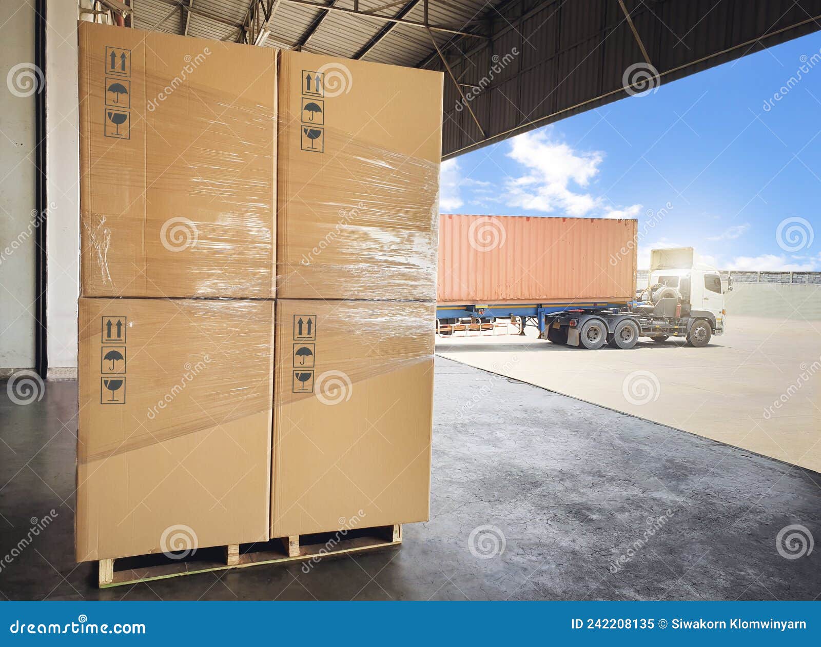 Packaging Boxes on Pallet Loading into Shipping Cargo Container. Supply ...