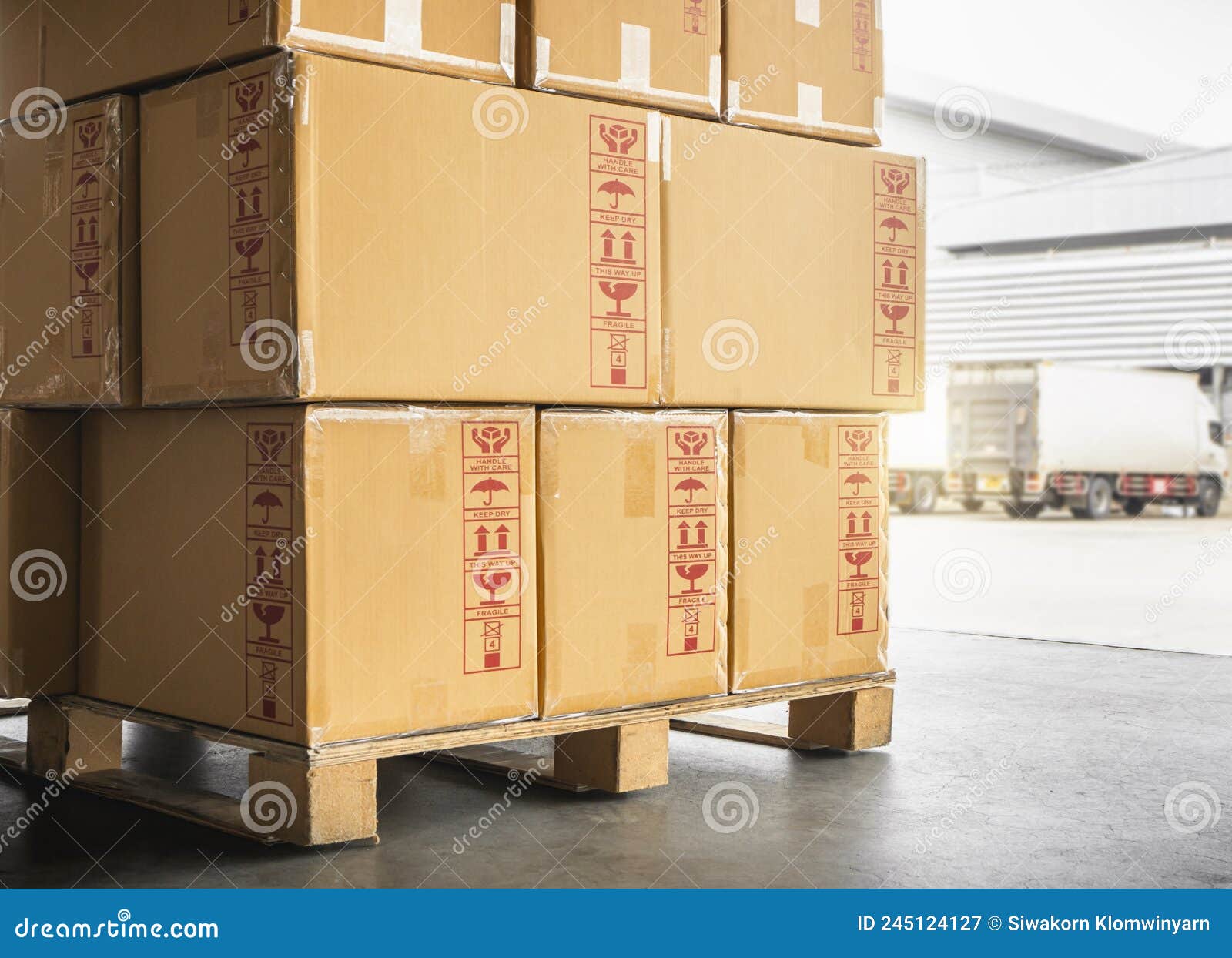 Packaging Boxes Stacked on Pallet Loading with Shipping Cargo Container ...