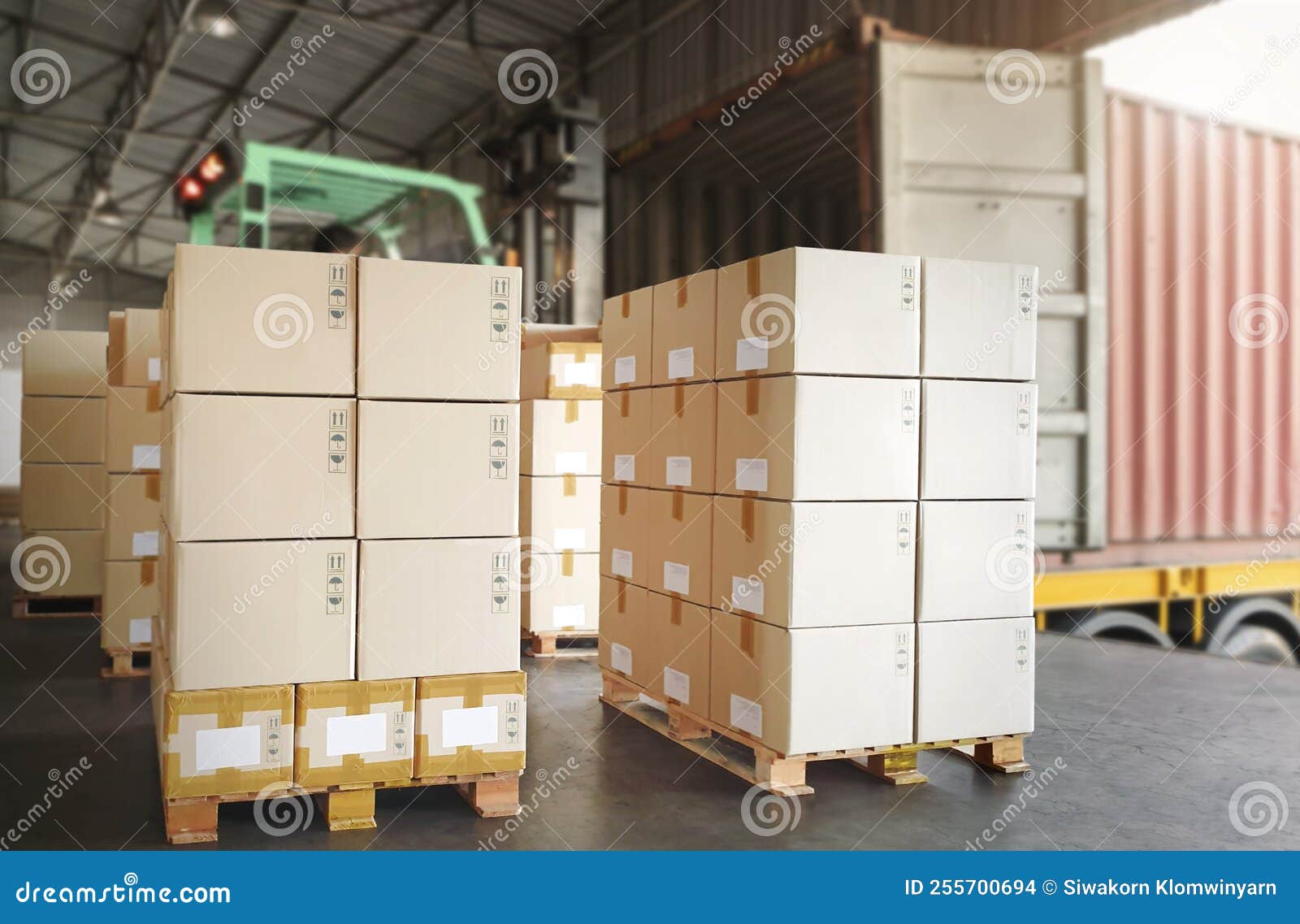 Packaging Boxes Stacked on Pallets Loading into Cargo Container ...