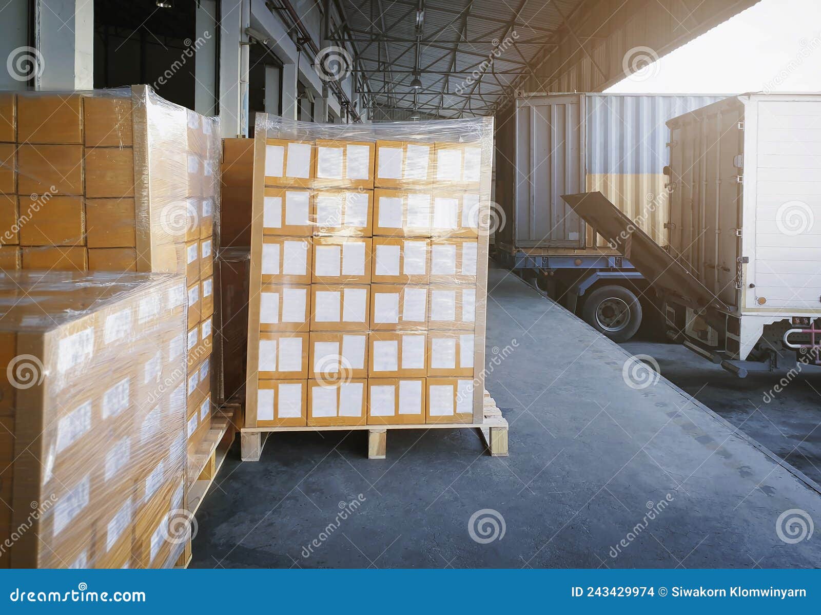 Packaging Boxes Stacked on Pallets Loading into Shipping Cargo ...