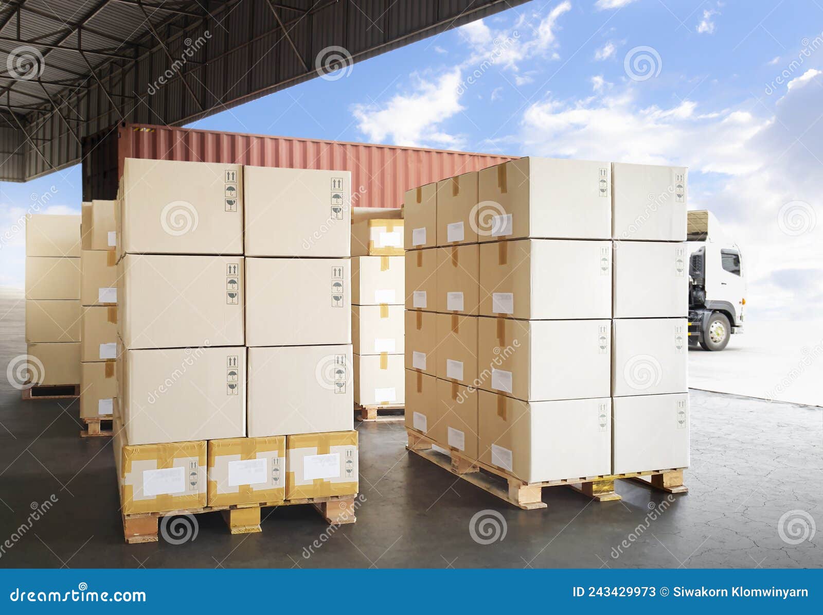Packaging Boxes Stacked on Pallets Loading into Shipping Cargo ...
