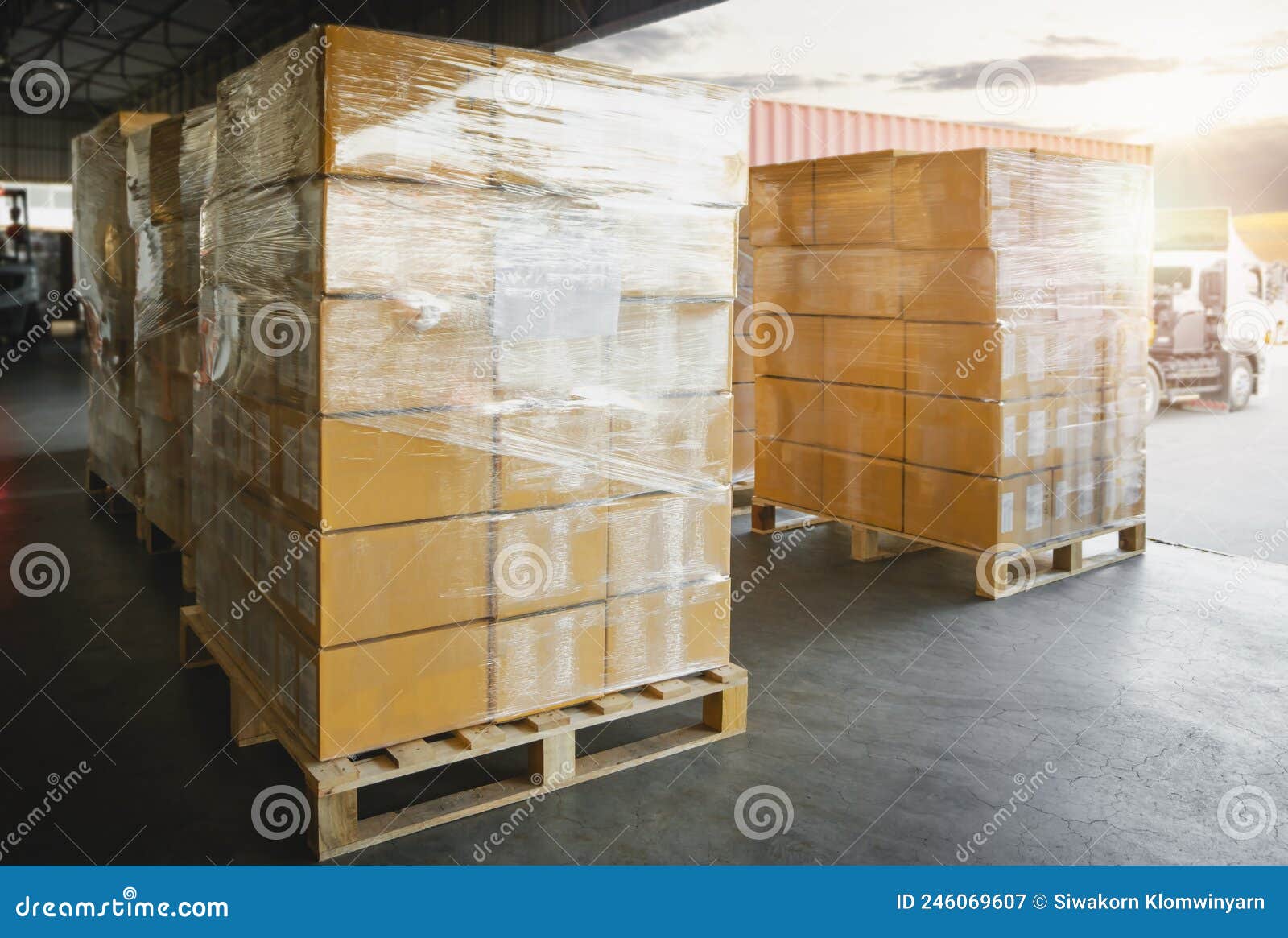 Packaging Boxes Stacked Wrapped Plastic on Pallets Loading with ...