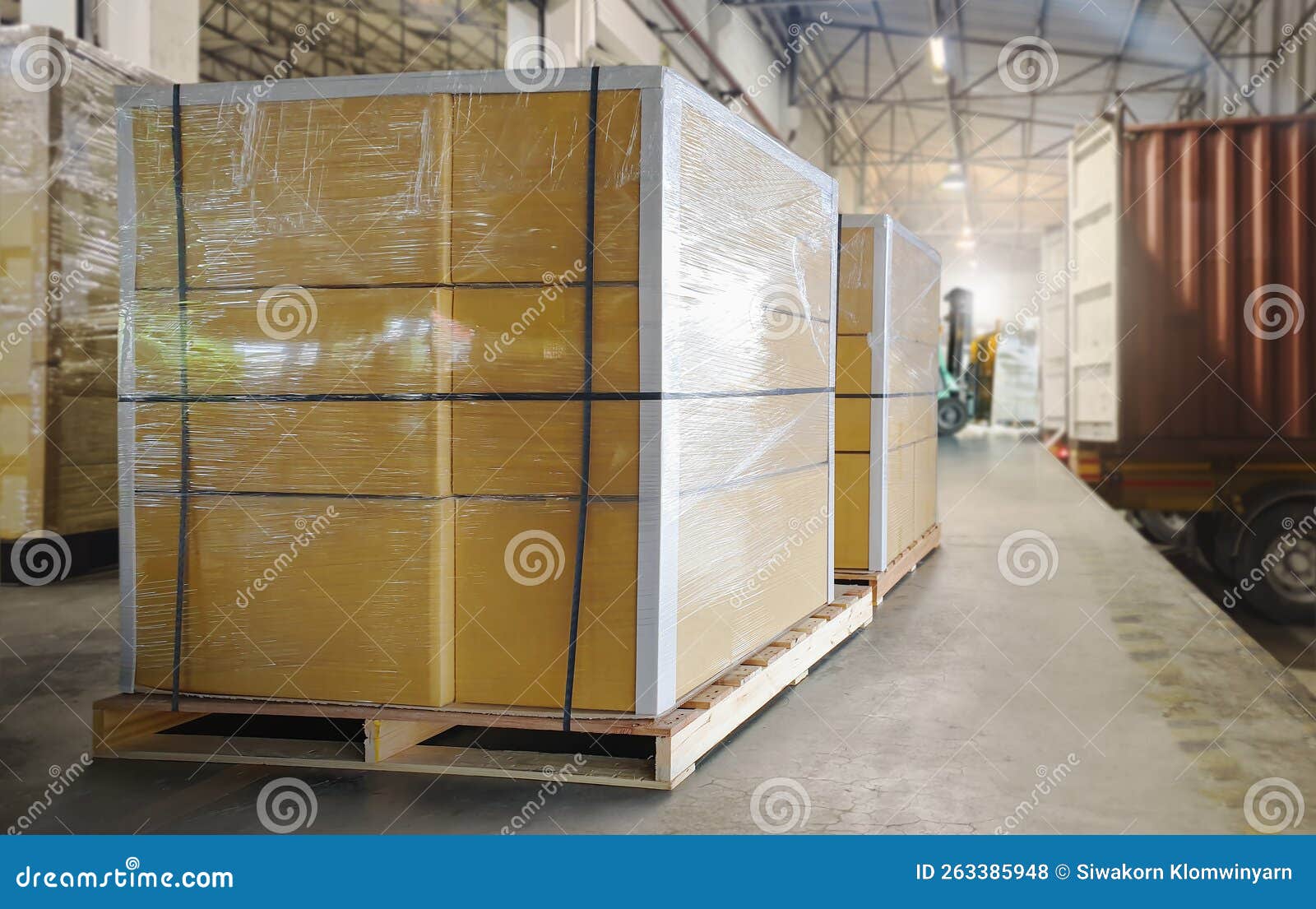 Packaging Boxes Wrapped Plastic on Pallets Loading into Cargo Container ...
