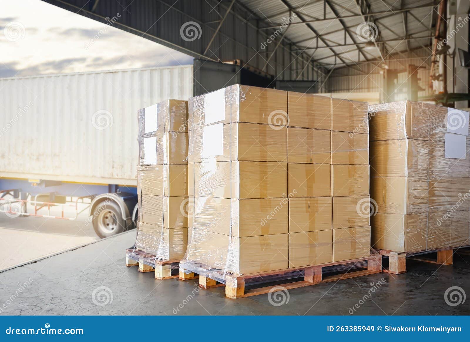 Packaging Boxes Wrapped Plastic on Pallets Loading into Cargo Container ...