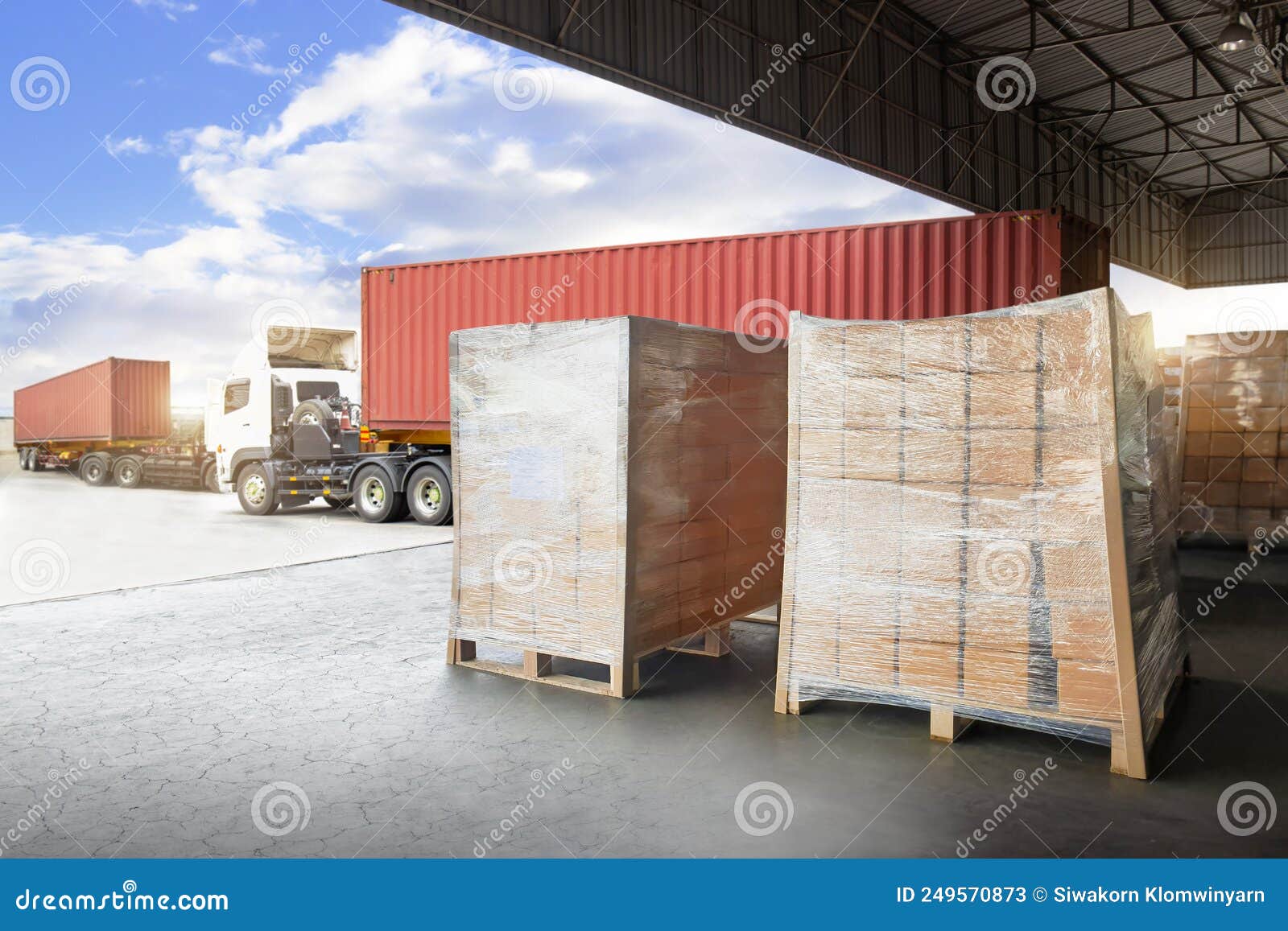 Packaging Boxes Wrapped Plastic on Pallets Loading into Cargo Container ...