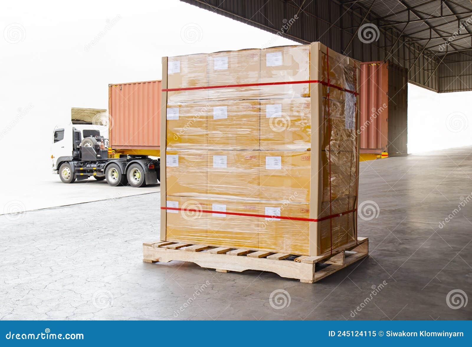 Packaging Boxes Wrapped Plastic on Pallets Loading into Shipping Cargo ...