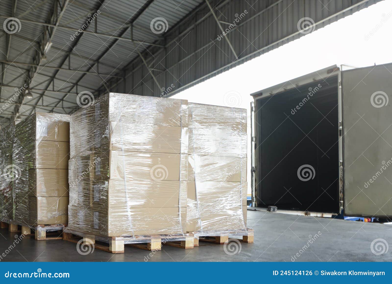 Packaging Boxes Wrapped Plastic on Pallets Loading into Shipping Cargo ...