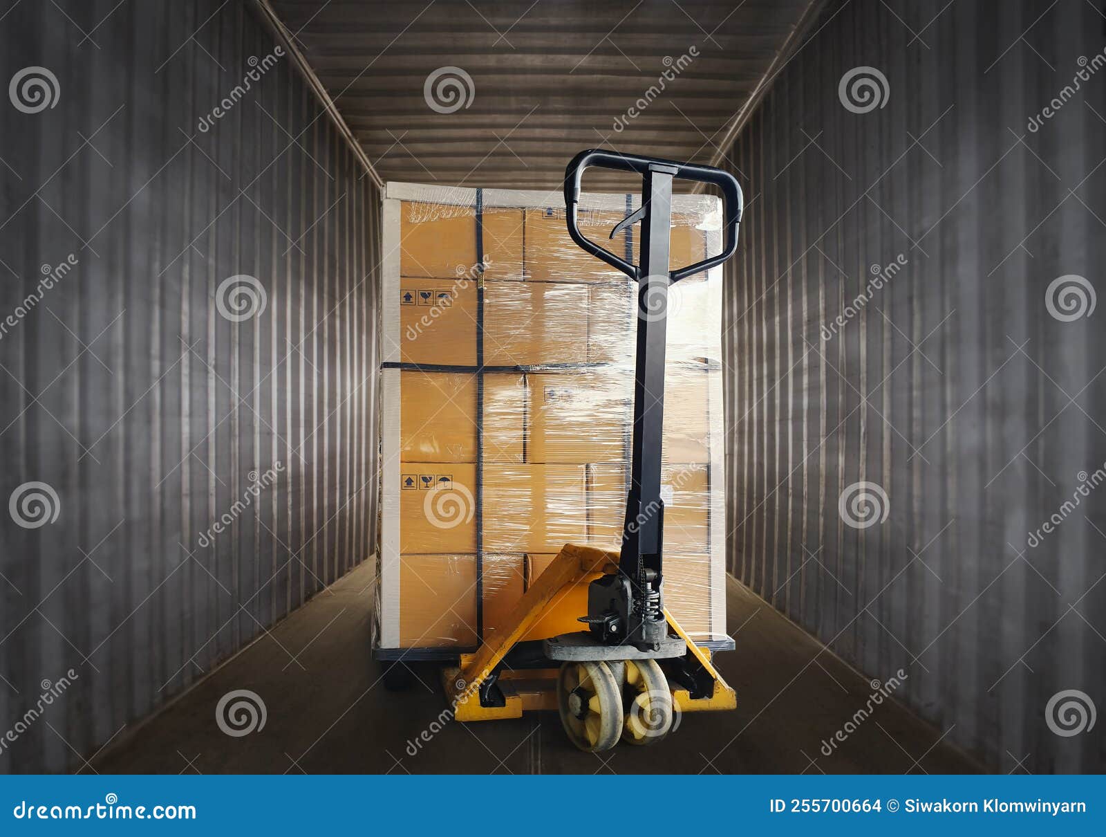 Packaging Boxes Wrapped Plastic Stacked on Pallet with Hand Pallet ...
