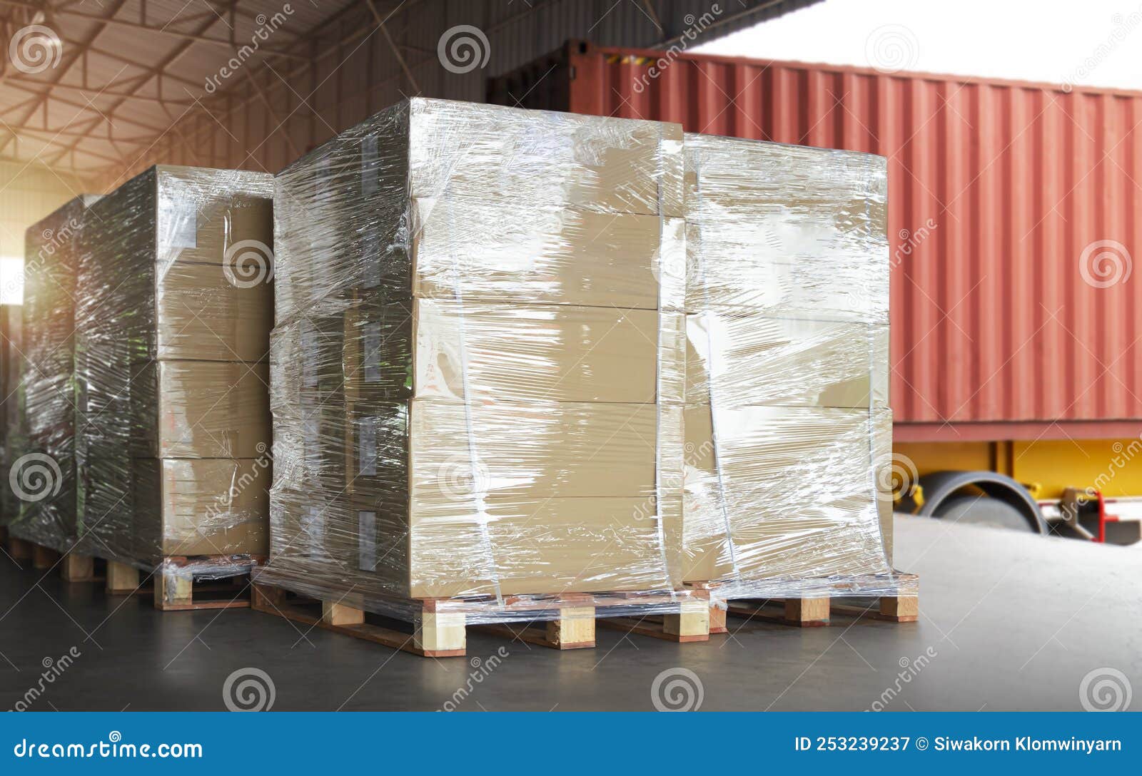 Packaging Boxes Wrapped Plastic Stacked on Pallets Loading into Cargo ...