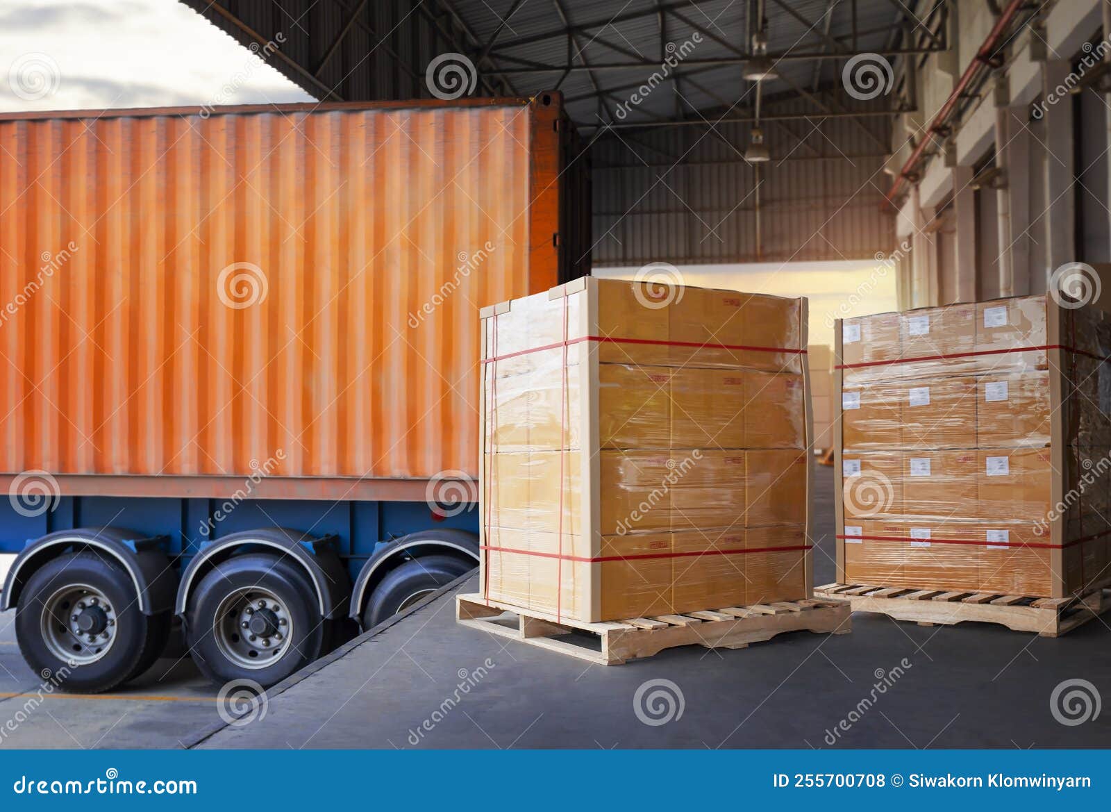 Packaging Boxes Wrapped Plastic Stacked on Pallets Loading into Cargo ...