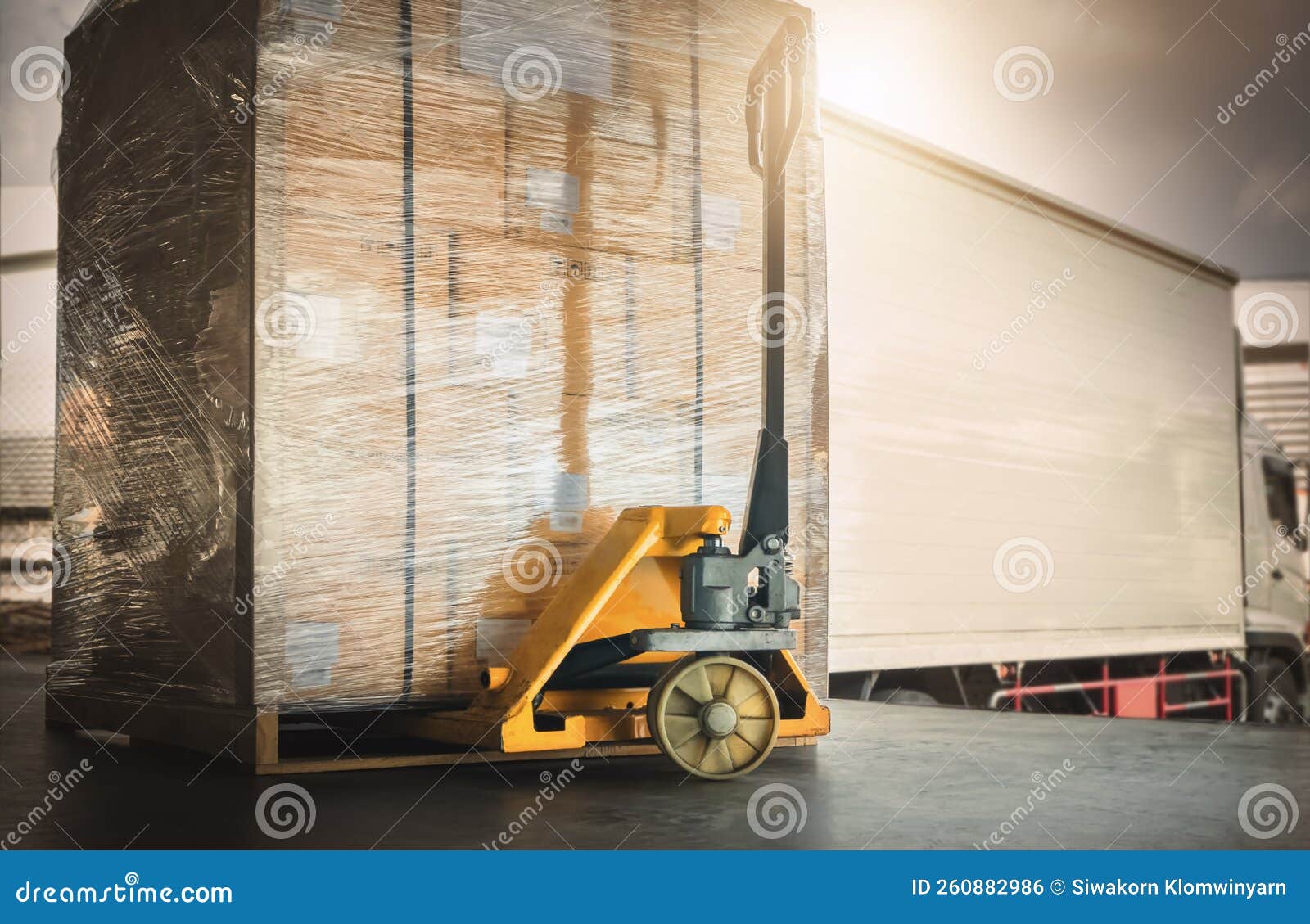 Packaging Boxes Wrapped Plastic Stacked on Pallets Loading into Cargo ...