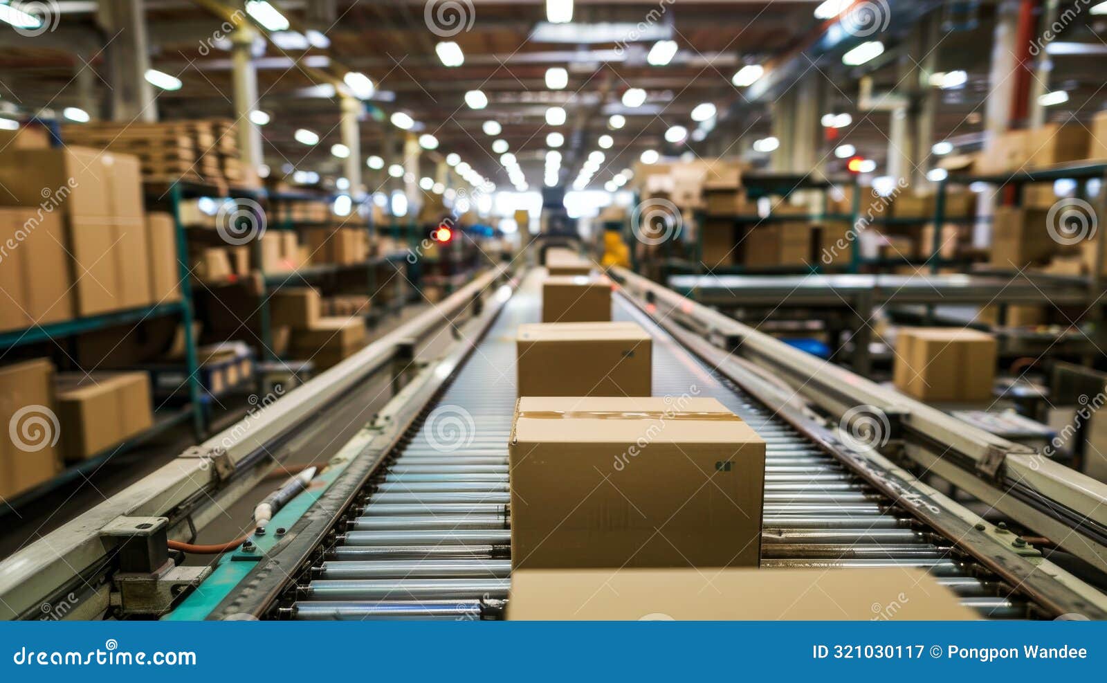 A Packaging Factory Assembly Line with Cardboard Boxes on a Conveyor ...