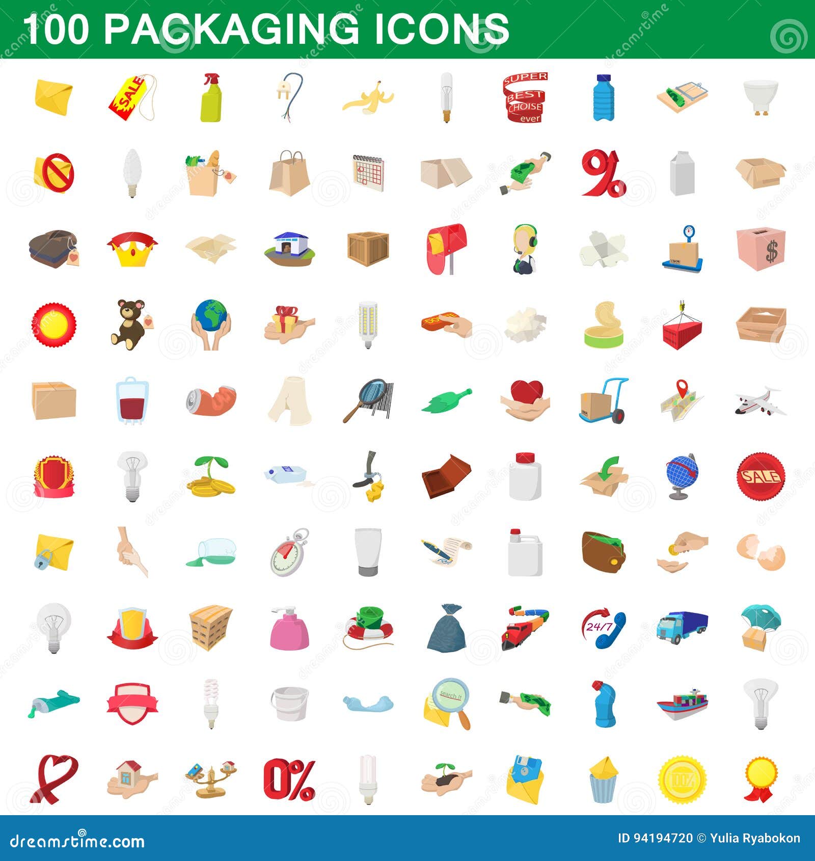 100 Packaging Icons Set, Cartoon Style Stock Vector - Illustration of ...