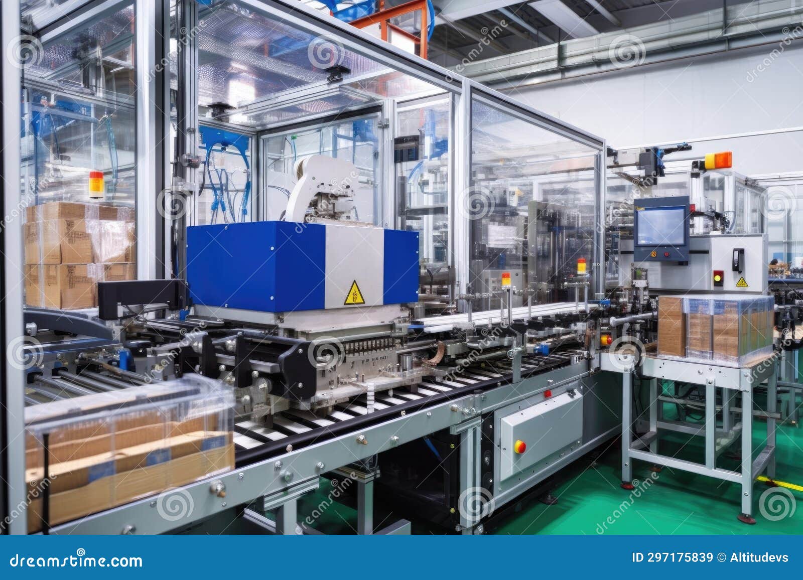 Packaging Line with Auto-labeling Machine in Operation Stock Image ...