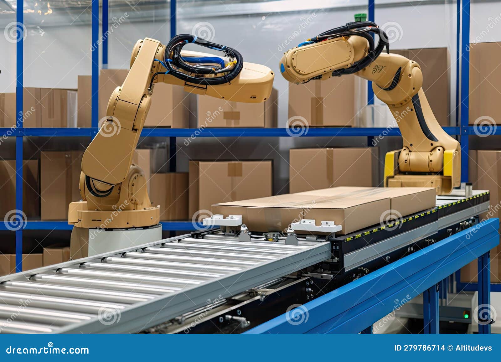 Packaging and Sorting Robot, with Boxes Moving from Conveyor Belt To ...